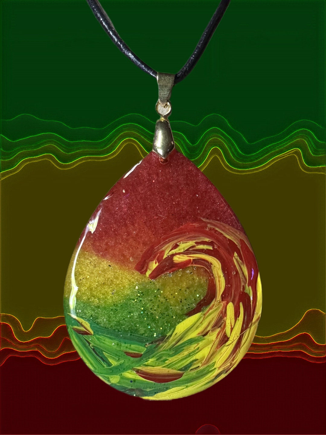 Rasta Wave Teardrop Pendant Necklace With Gold Clasp and Embellishments ...
