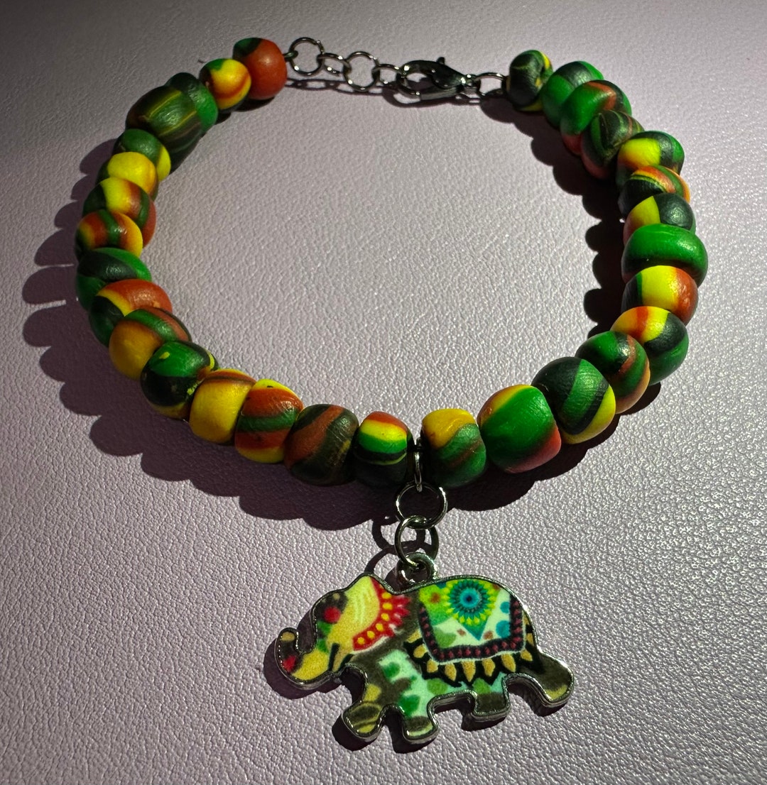 7.5" Elephant Bracelet With Reggae Themed Handmade Beads - Etsy