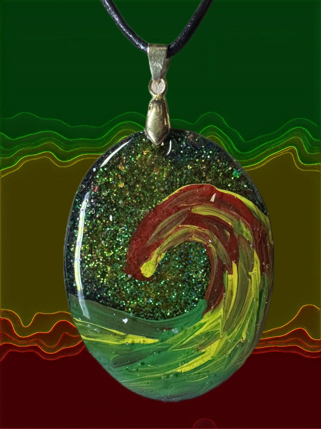 Rasta Wave Oval Pendant Necklace With Gold Clasp and Embellishments ...