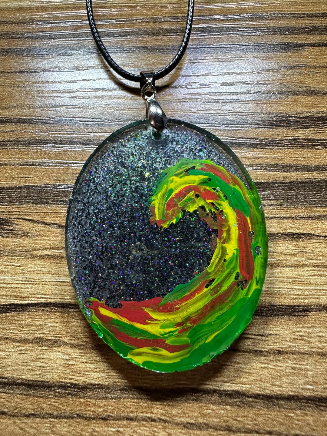 Rasta Wave Teardrop Resin Pendant Necklace With Silver Clasp and ...