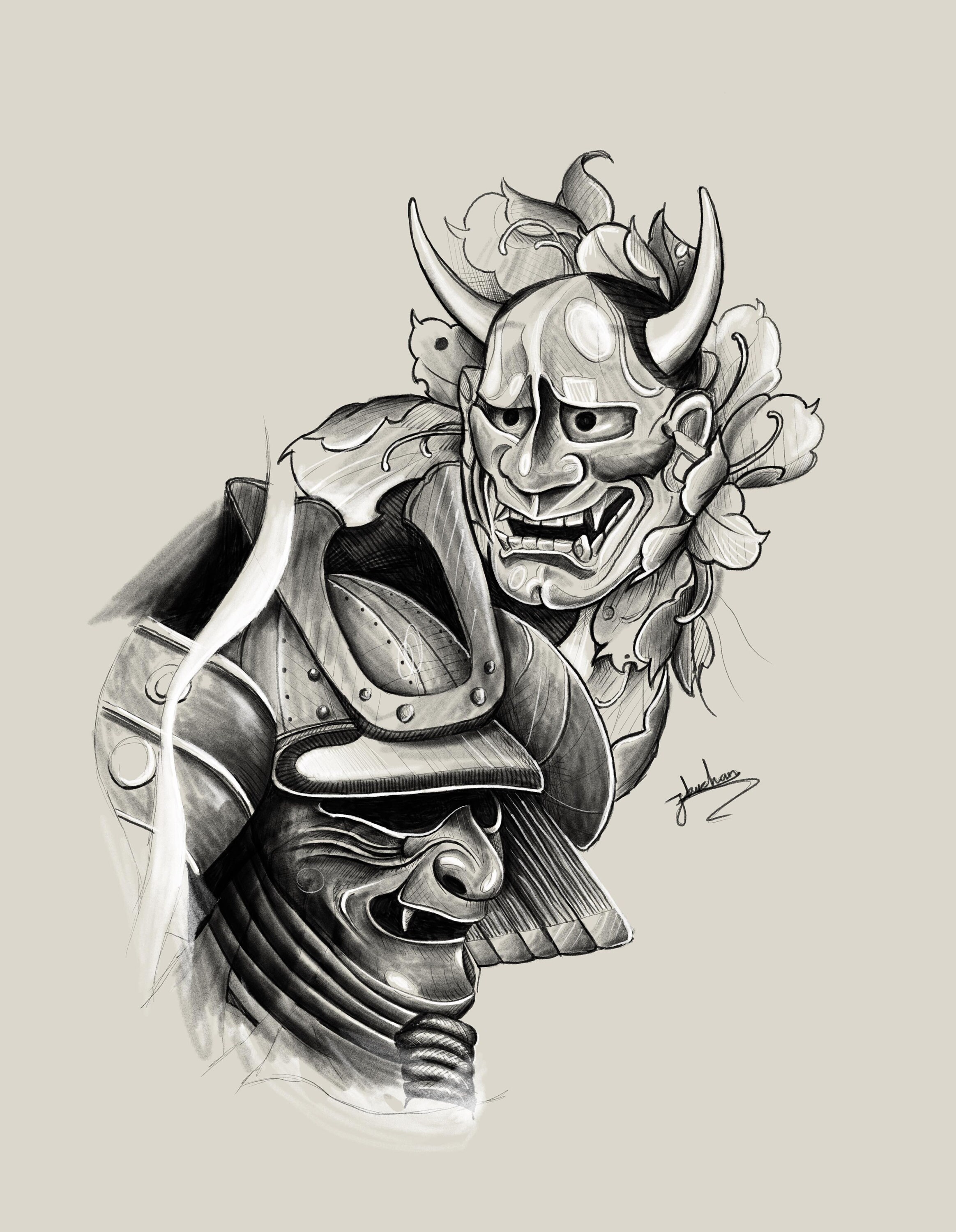 Japanese Samurai & Demon Hand Drawn Design Classic Adult | Etsy