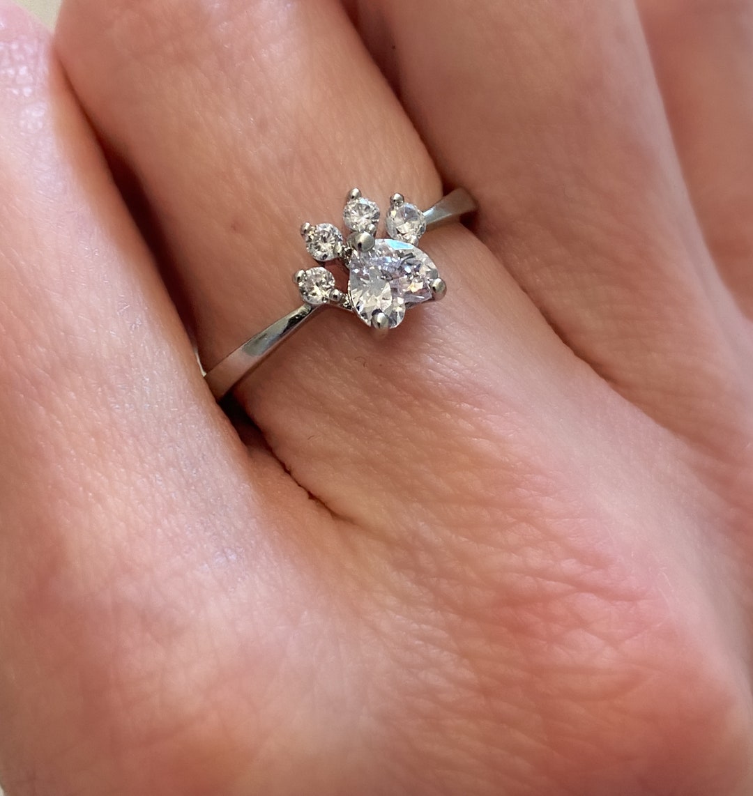 Paw Print Jewelled Crystallised Finger Ring Adjustable Metal Alloy Pet ...