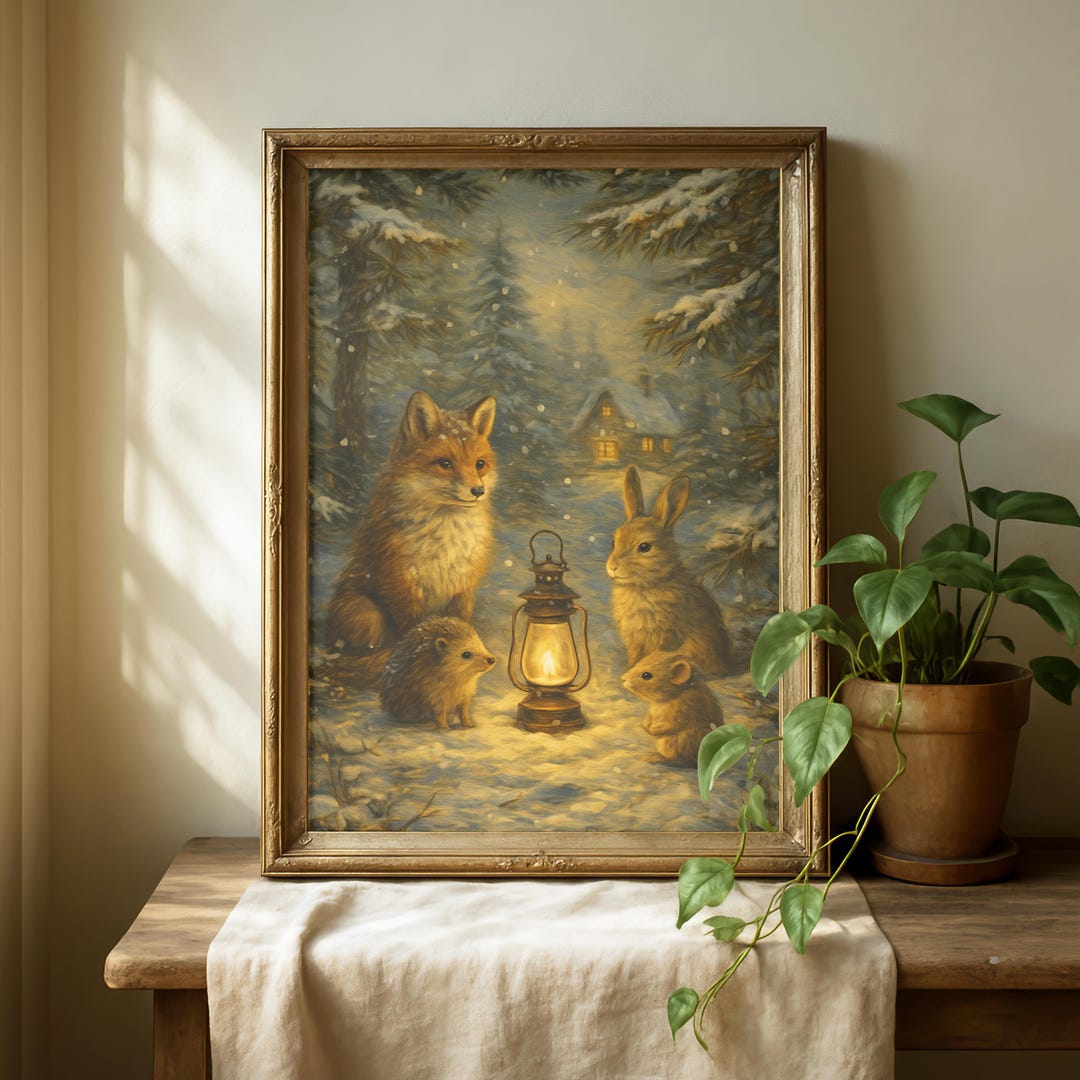 Winter Woodland Animals Art Print: Vintage Cottagecore Scene (digital ...