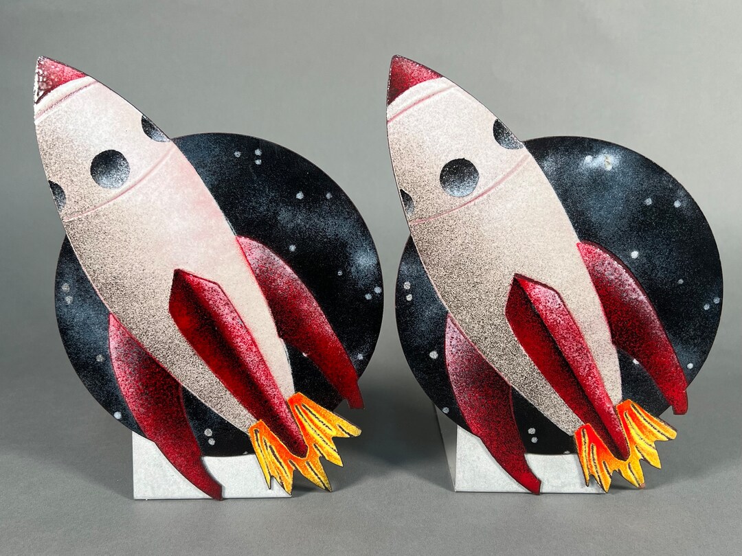 Vintage 1980's Enameled ROCKET SHIP + MOON Bookends - Space-age - Retro ...