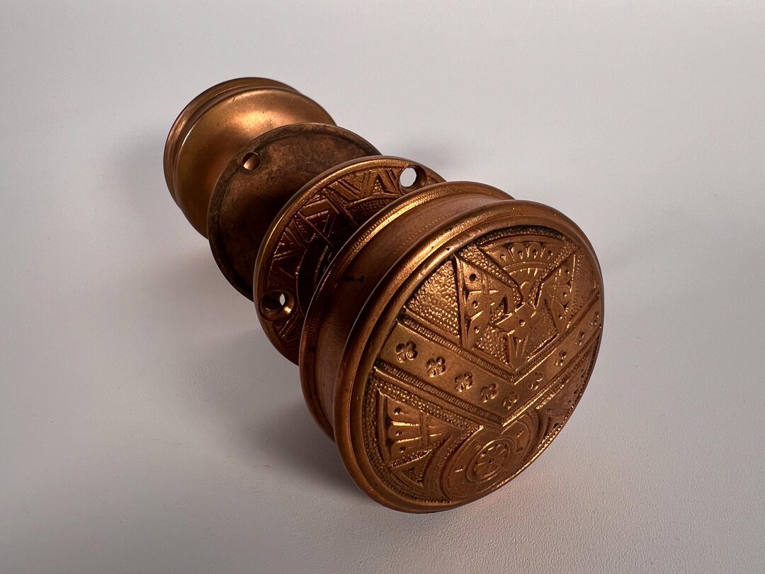 Fancy Antique 1880’s Victorian Eastlake BRONZE Brass DOOR KNOBS Set W/ Round Escutcheons ...