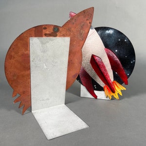 Vintage 1980's Enameled ROCKET SHIP MOON Bookends Space-age Retro ...
