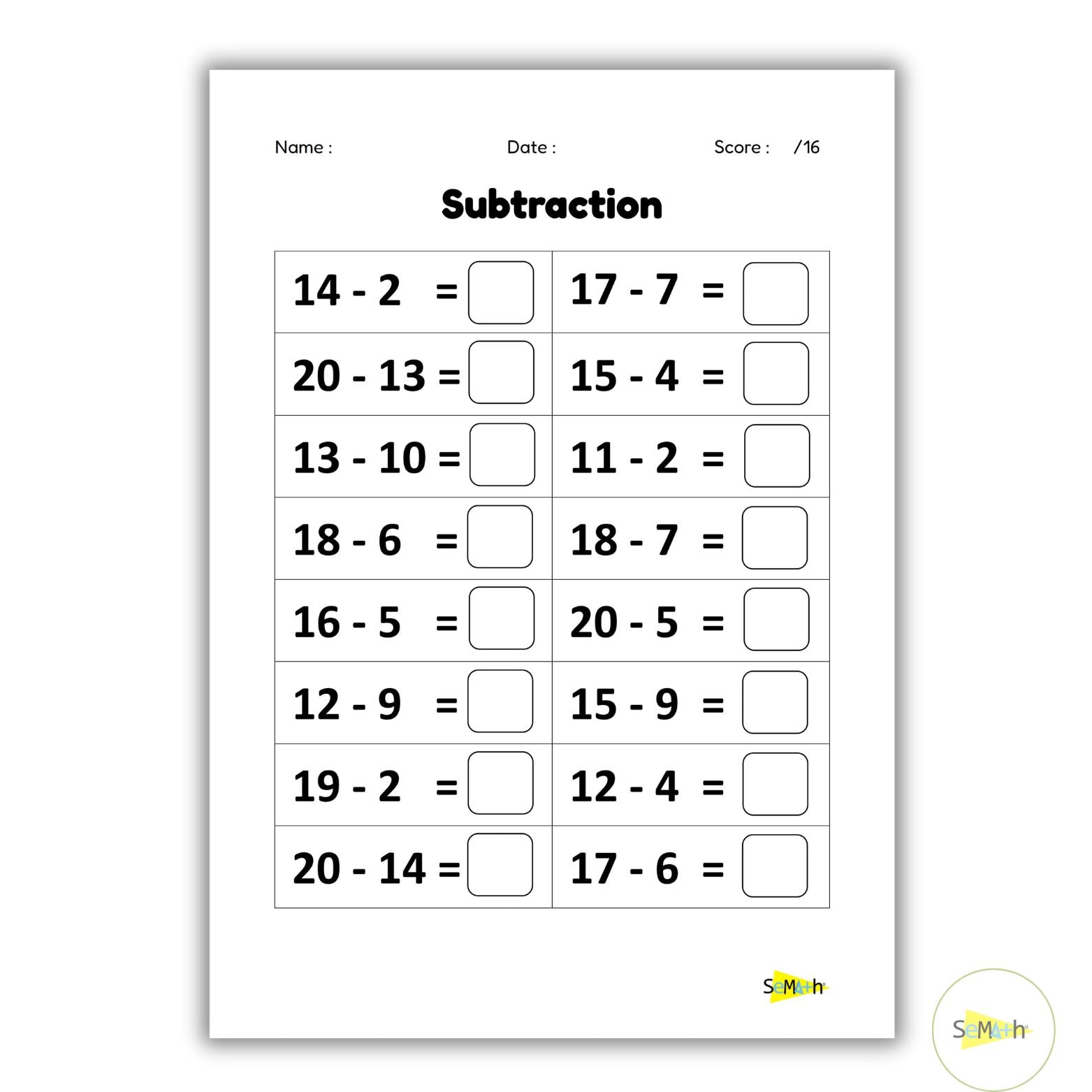 12 Printable Subtraction to 20 Fill in the Blanks Worksheets (numbers 1 ...