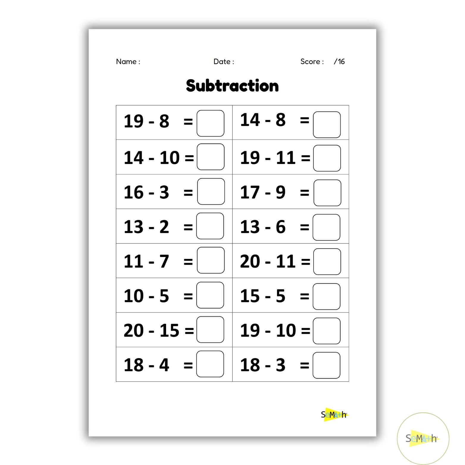 12 Printable Subtraction to 20 Fill in the Blanks Worksheets (numbers 1 ...