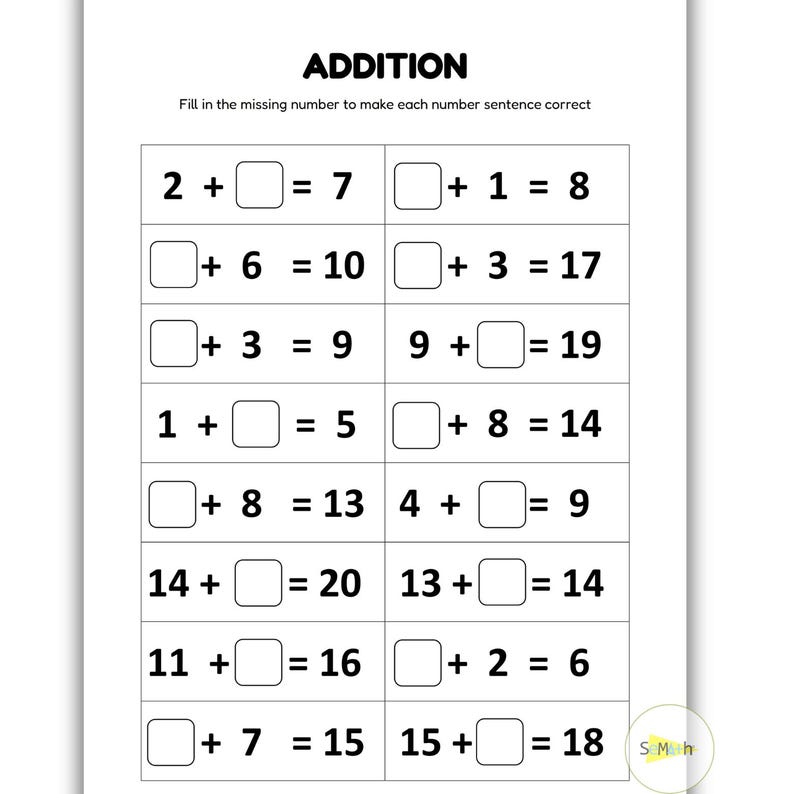 12 Printable Addition Fill in the Blanks Worksheets (numbers 1-20) for ...