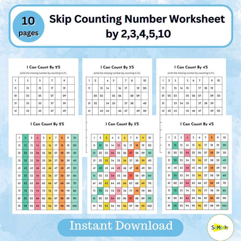 Skip Counting Worksheets: Math Charts for Kids, First Grade Math, PDF ...