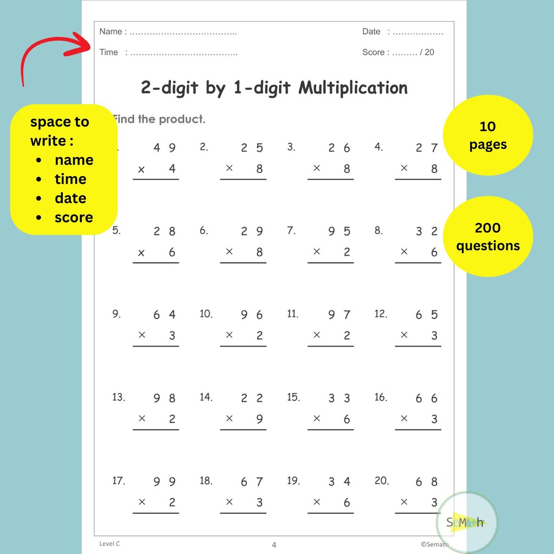 Printable Multiplication Worksheets 10 Page, Maths Drills, 2-digit by 1 ...