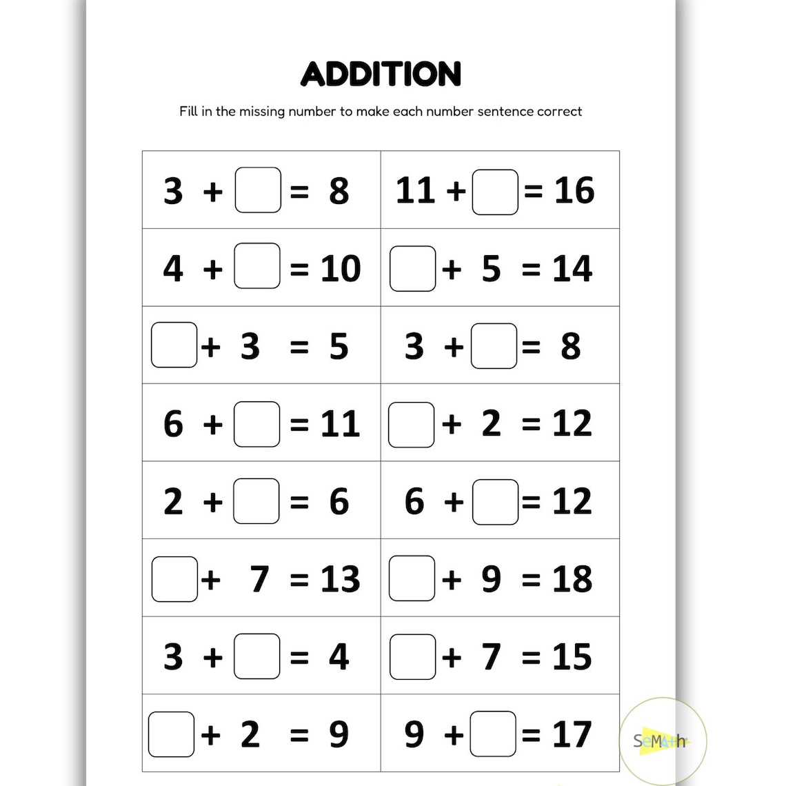 12 Printable Addition Fill in the Blanks Worksheets (numbers 1-20) for ...