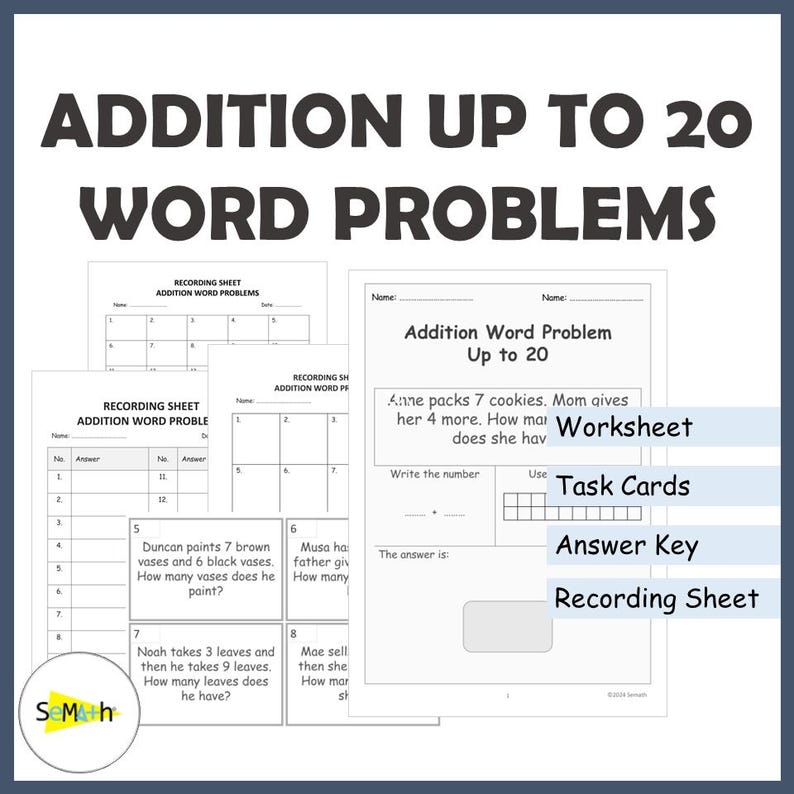 Printable Addition Worksheets Task Cards Printable Math Activity Word ...