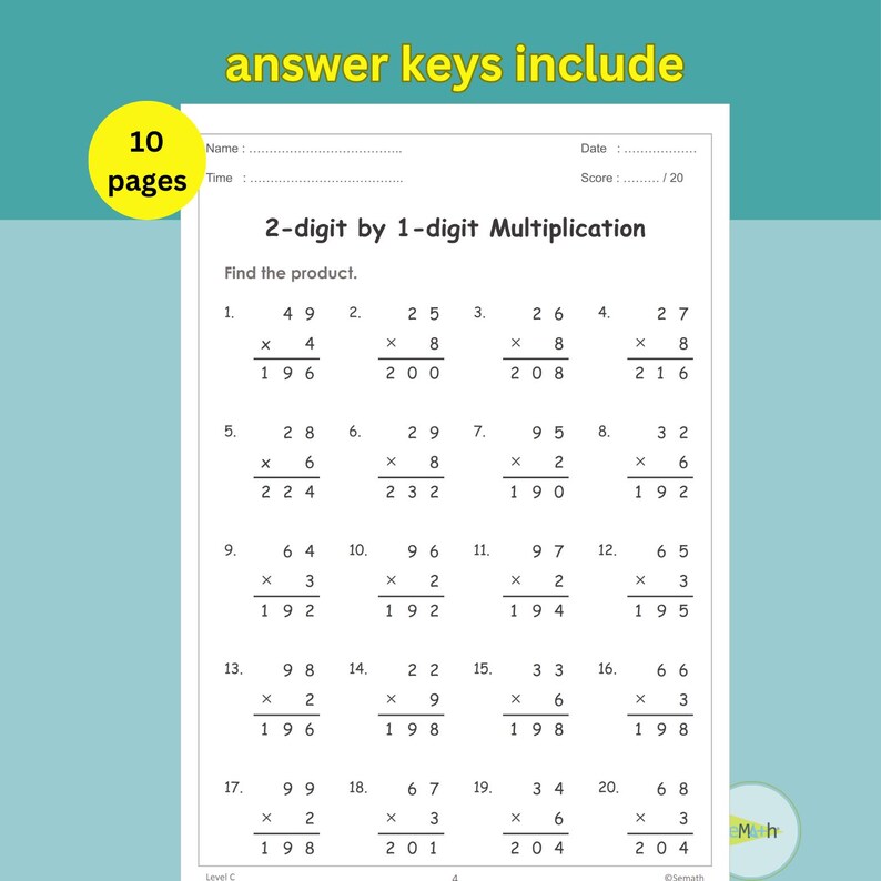 Printable Multiplication Worksheets 10 Page, Maths Drills, 2-digit by 1 ...