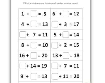 10 Printable Additition Fill in the Blanks Worksheets (numbers 1-20 ...