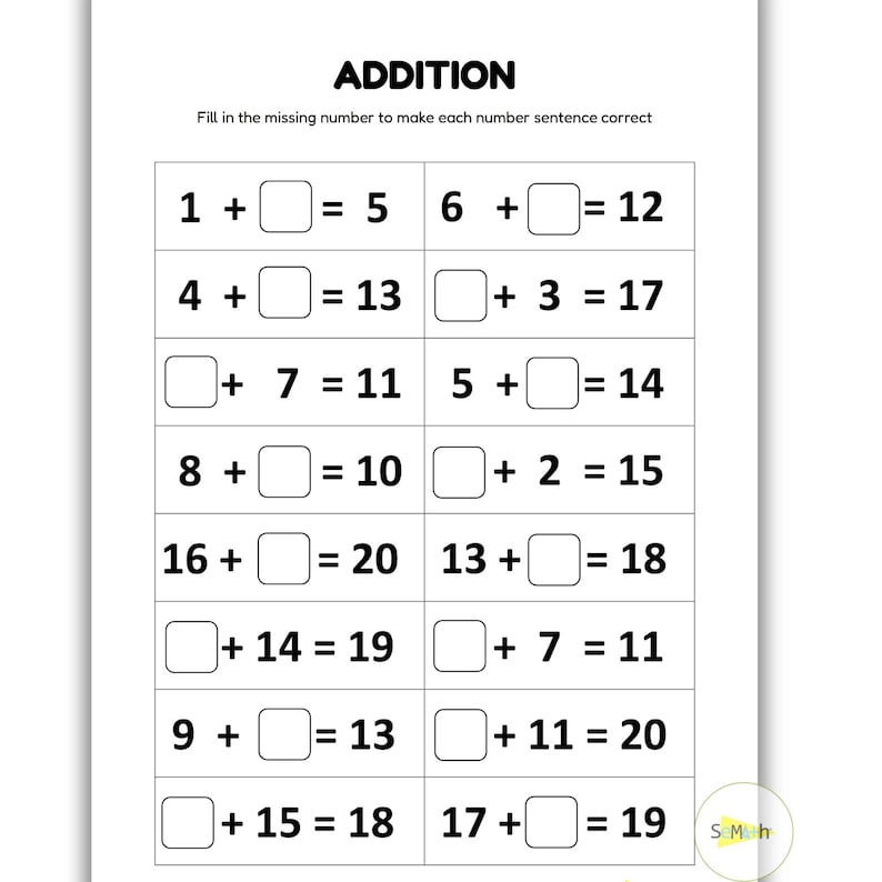 12 Printable Addition Fill in the Blanks Worksheets (numbers 1-20) for ...