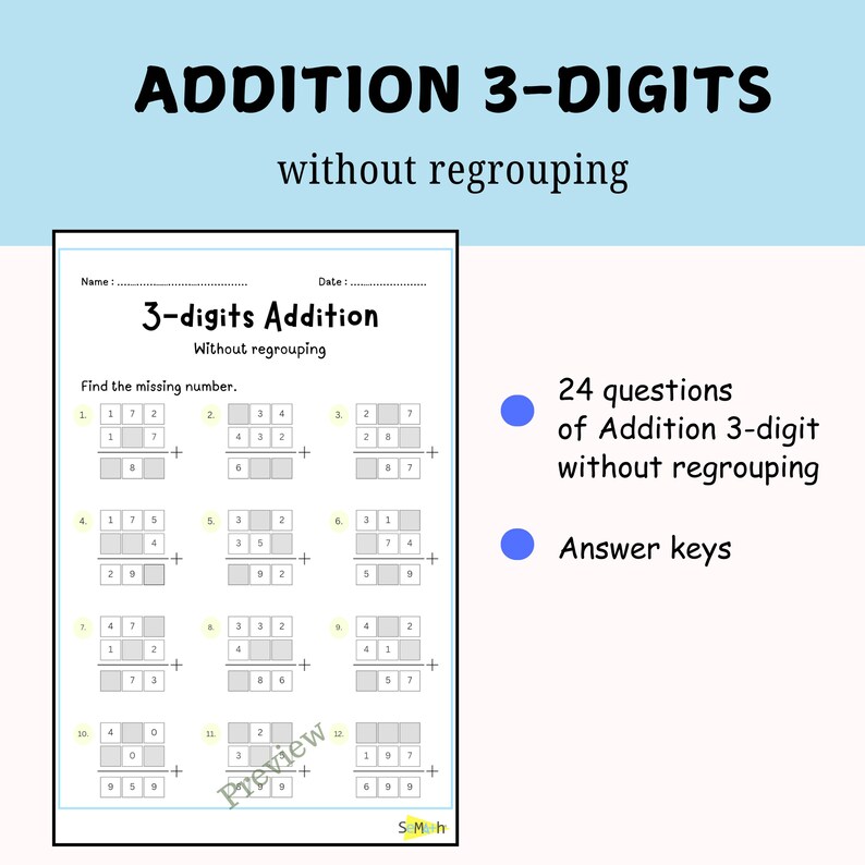 Math Worksheets - 3 Digit Addition Worksheets – With and Without ...