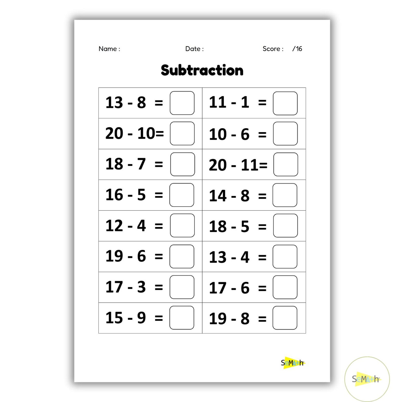 Subtraction Worksheets: Fill in the Blanks, Numbers 1-20 (PDF Printable ...