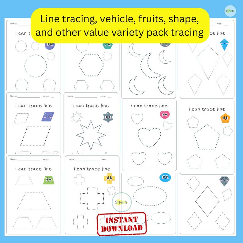 Preschool Line Tracing Worksheets Bundle, Line Trace Page Printable ...