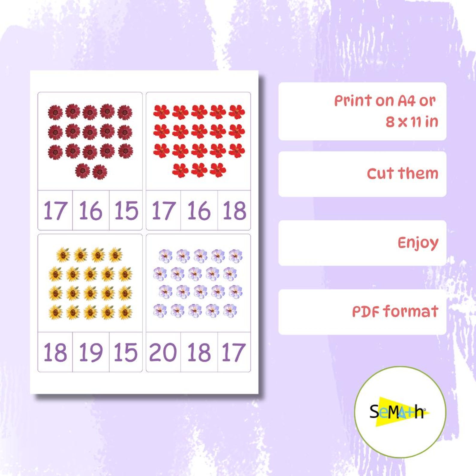 Flower Count and Clip Cards Flashcard 1-20 Instant Download ...