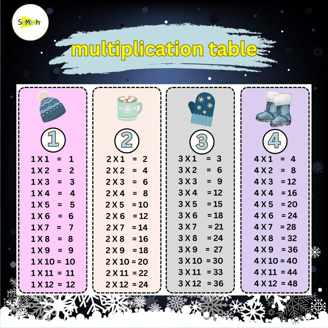 Printable Multiplication Chart and Times Tables - Winter Theme ...