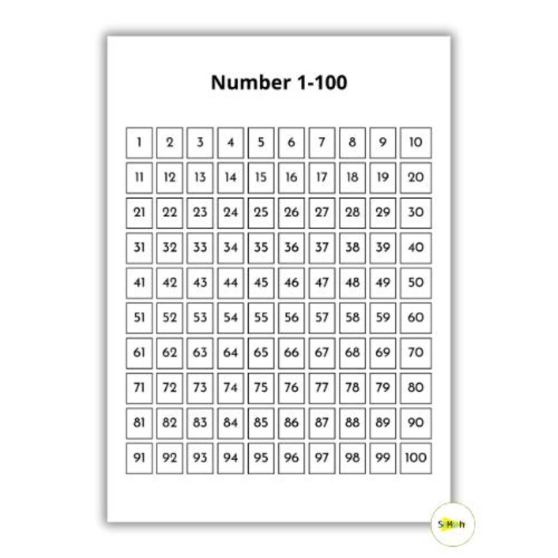 Number Chart 1-100 Printable Worksheet : Math Learning Resource (PDF ...