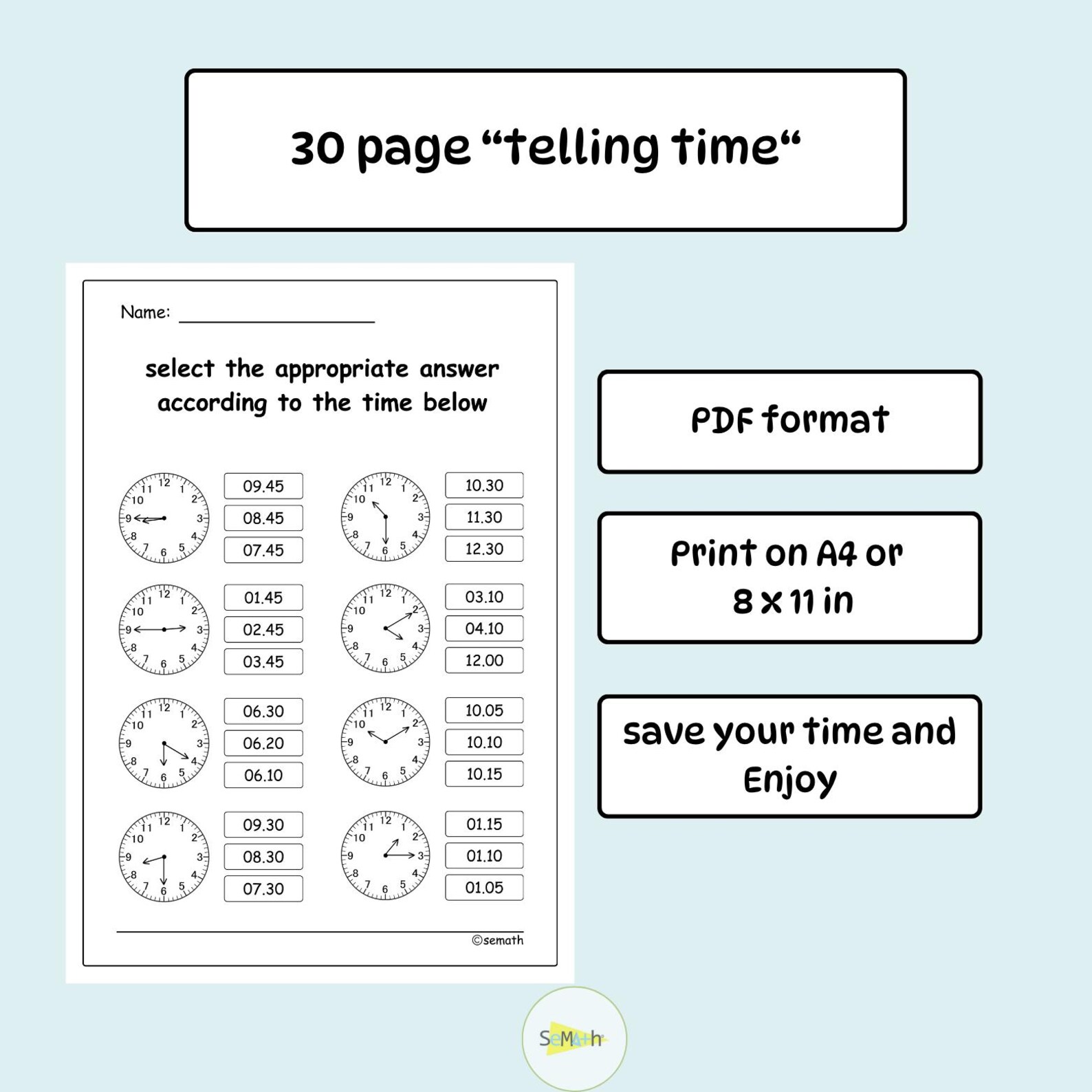 30 Page Telling Time Worksheets, Reading Time, Telling Time Practice ...