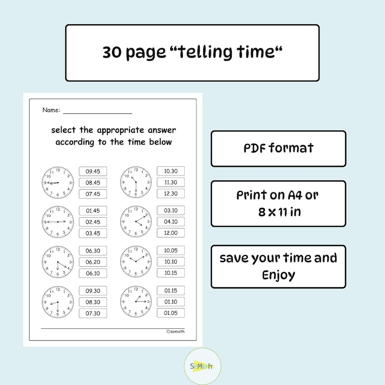 30 Page Telling Time Worksheets, Reading Time, Telling Time Practice ...