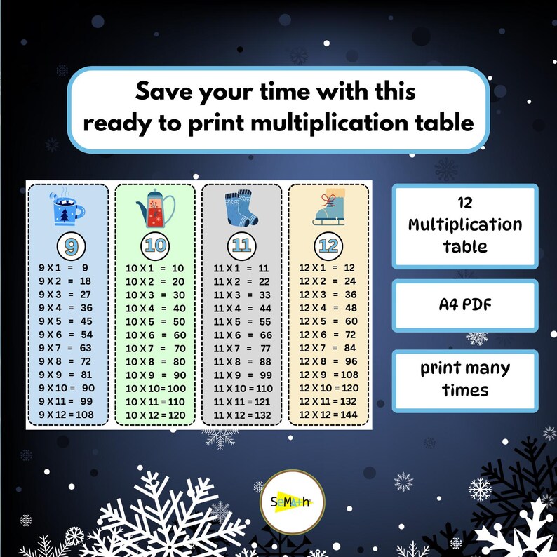 Printable Multiplication Chart and Times Tables - Winter Theme ...
