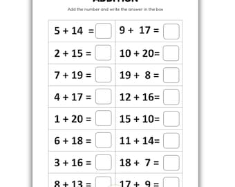 10 Printable Additition Fill in the Blanks Worksheets (numbers 1-20 ...