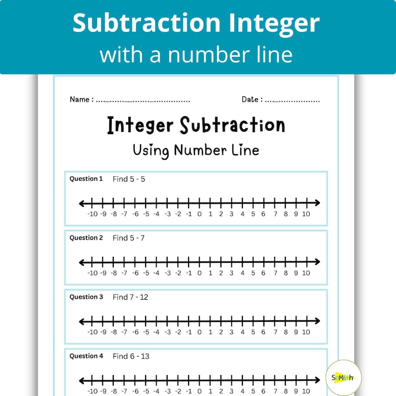 Integer Subtraction Worksheet | Number Line Practice, Negative Numbers ...