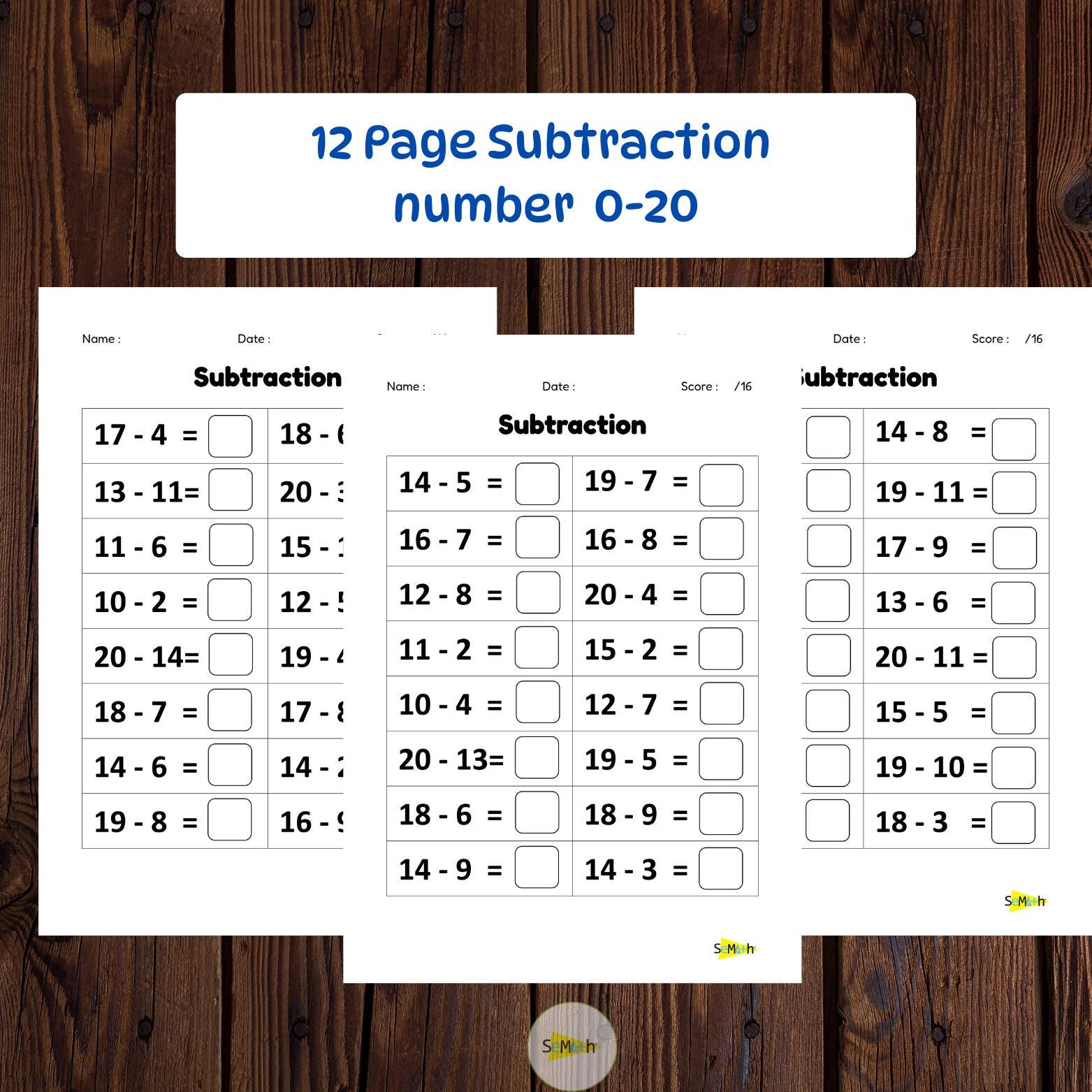 Subtraction Worksheets: Fill in the Blanks, Numbers 1-20 (PDF Printable ...