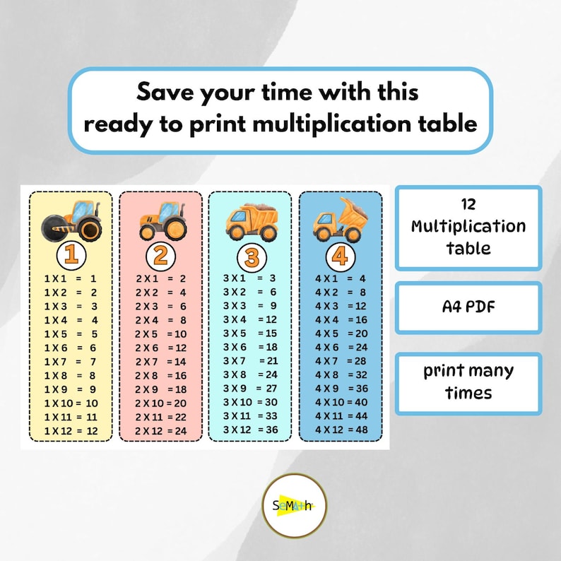 Printable Multiplication Table for Kids Construction Vehicle ...