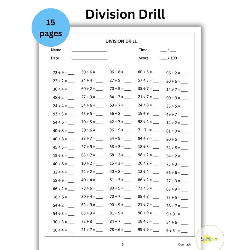 15 Printable Division Drills Worksheets With Answer Page, Math ...