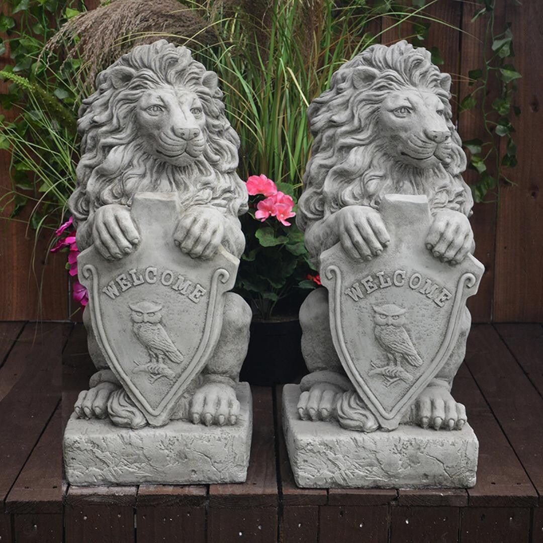 Large Upright Stone Cast Lion Statues With Welcome Shield, Garden Gate ...
