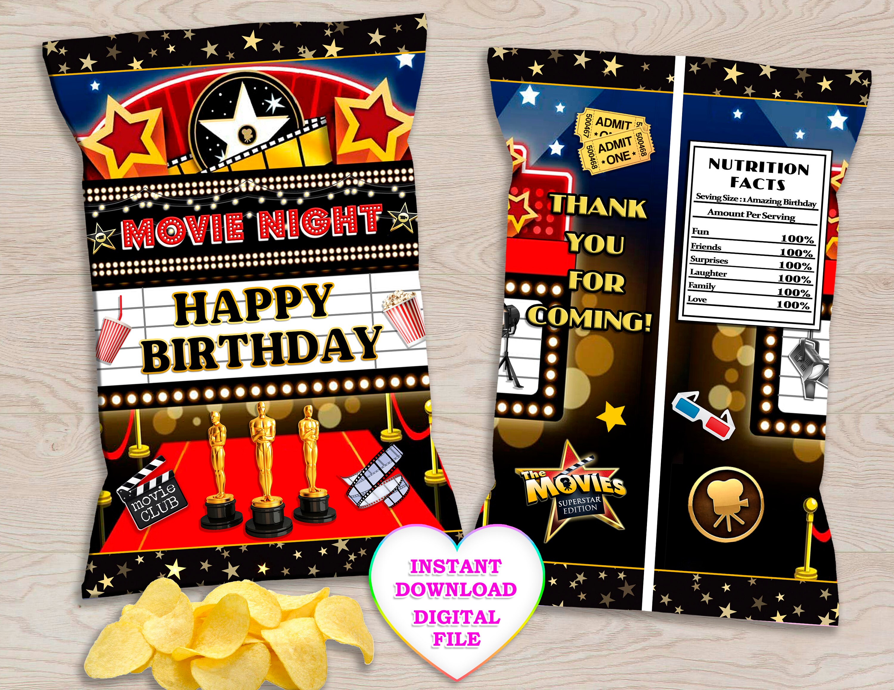 Movie Night Chip Bag Digital Movie Night Birthday Party | Etsy