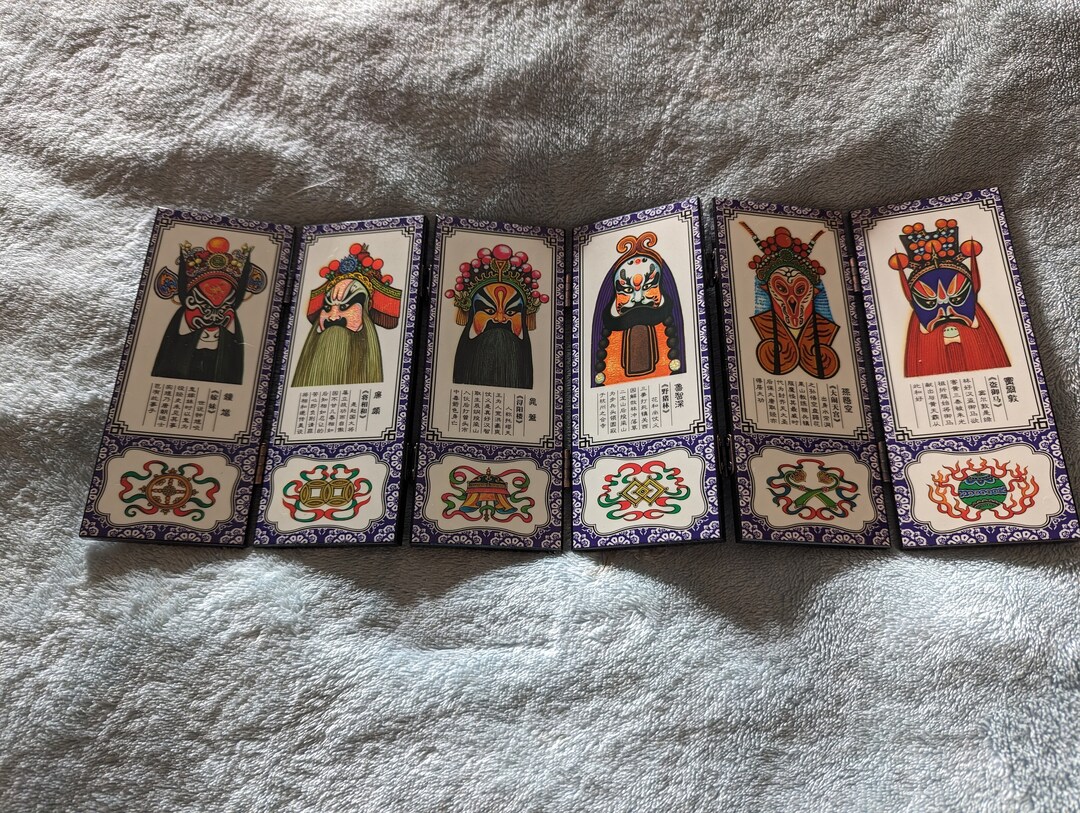 Chinese Peking Opera Masks on Black Lacquer Mini 6 Panel Folding Screen ...