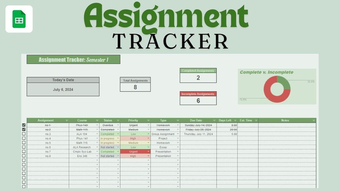 Assignment Tracker, Planner Template for Students - Etsy