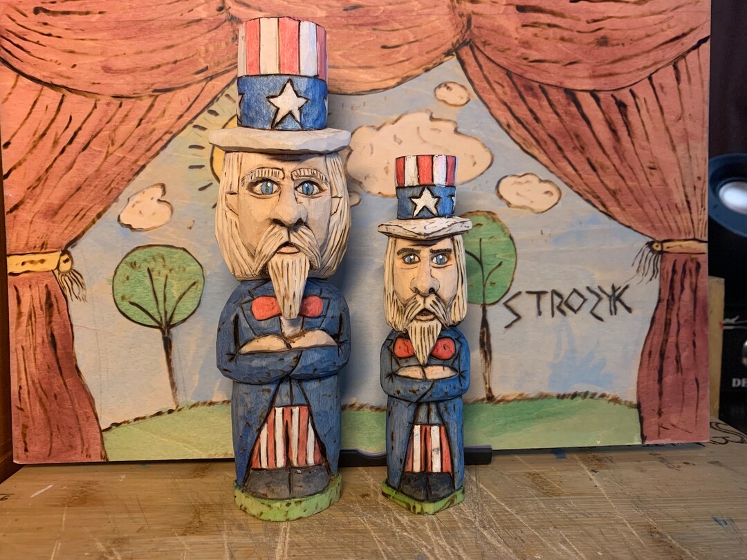 Hand-carved Folk Art Uncle Sam Basswood Figurine - Available in 2 Sizes ...