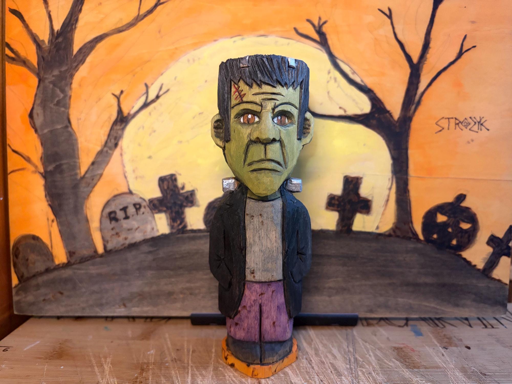 Hand-carved Folk Art Frankenstein's Monster Figure Made From Basswood ...