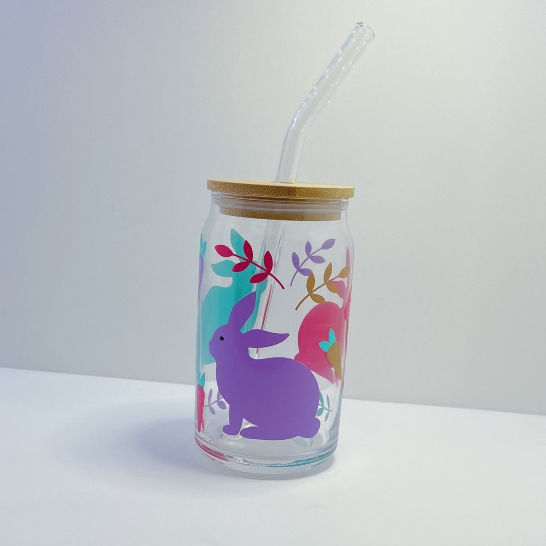 Trendy Cups Glass Cup With Lid and Straw Glass Tumbler Easter Bunny Cup ...