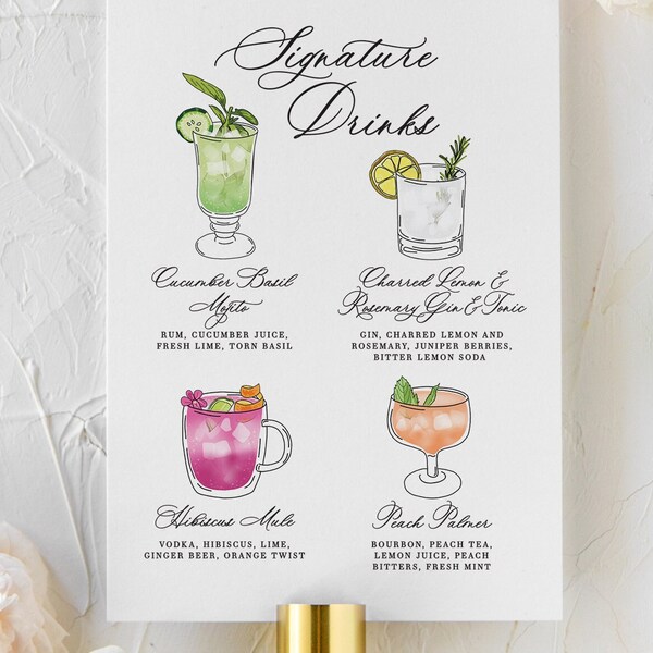 Signature Cocktail Menu Sign, Printed Illustrated Cocktail Menu for ...