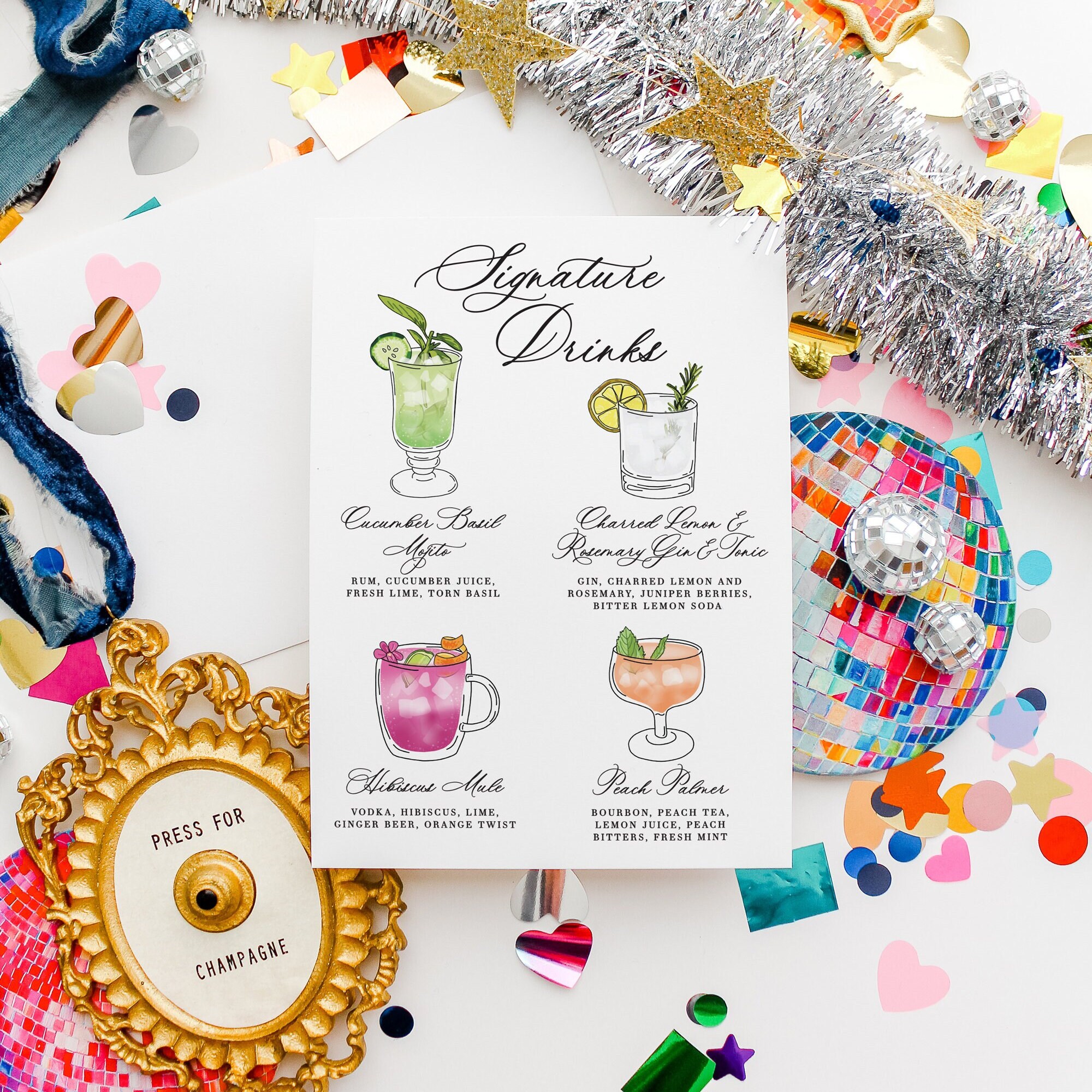 Signature Cocktail Menu Sign, Printed Illustrated Cocktail Menu for ...