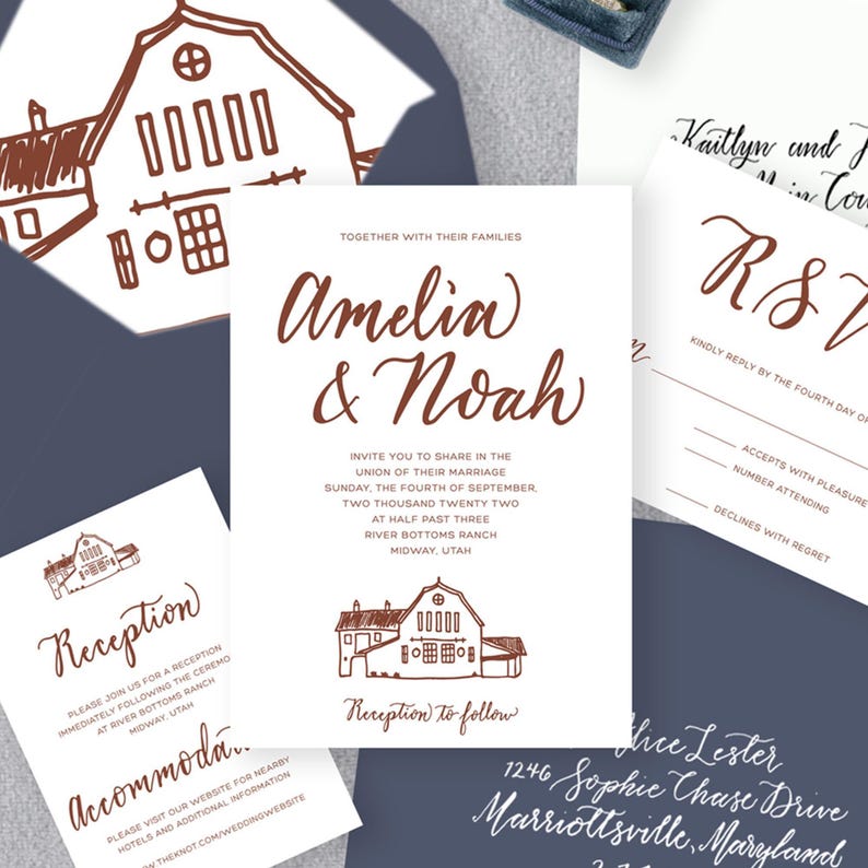 Rustic Barn Wedding Invitation Customized Wedding Invite With Venue Drawing, Red Barn Wedding ...