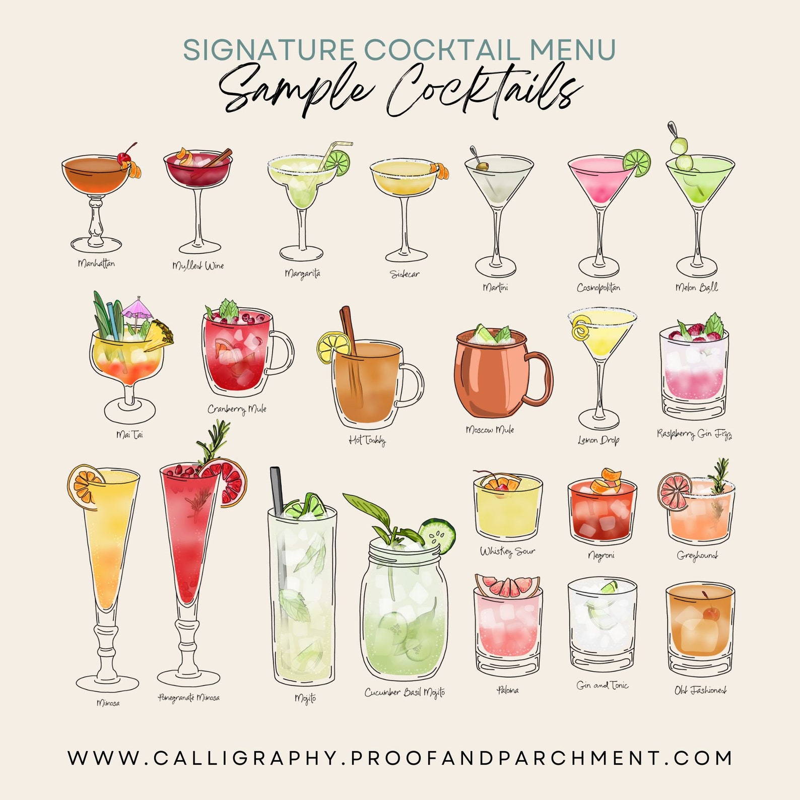 Signature Cocktail Menu Sign, Printed Illustrated Cocktail Menu for ...