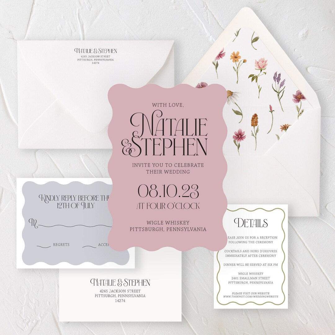 Wavy Modern Wedding Invitation, Wedding Invitation With Wavy Shape - Etsy