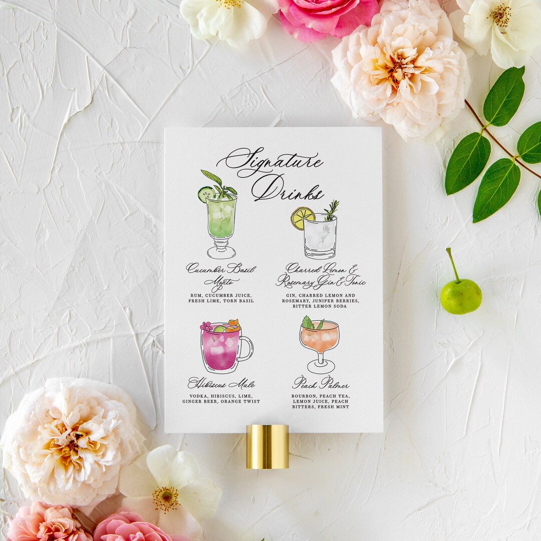 Signature Cocktail Menu Sign, Printed Illustrated Cocktail Menu for ...