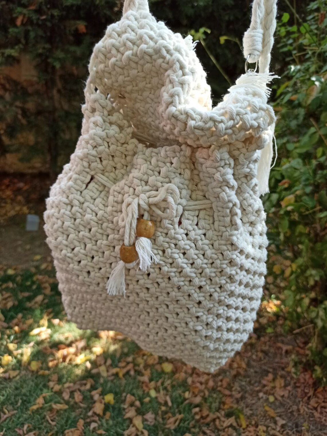 Macrame Backpack Purse Handmade Boho Fringe Bucket Bag Craft Tassel ...