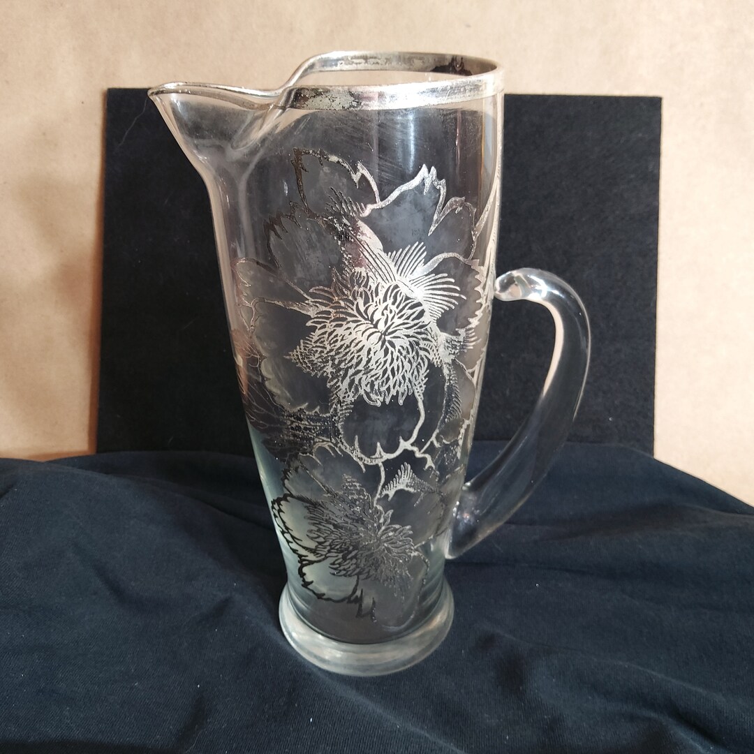 Vintage 9" Tall Glass Pitcher With Sterling Silver Floral Design - Etsy