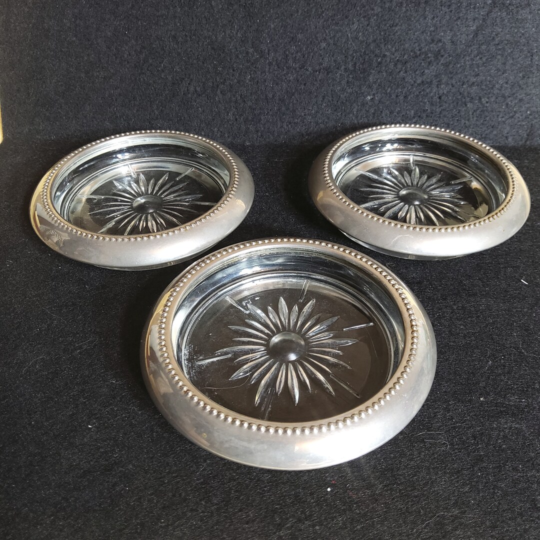 Vintage Set of 3 Silverplate and Glass Coasters - Etsy